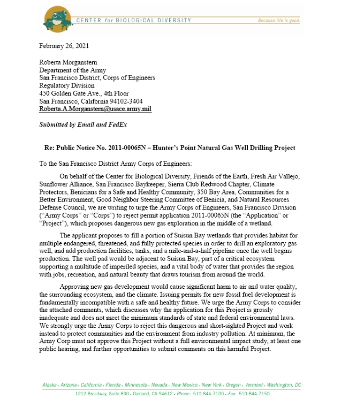 Center For Biological Diversity submits comment letter – opposing gas ...